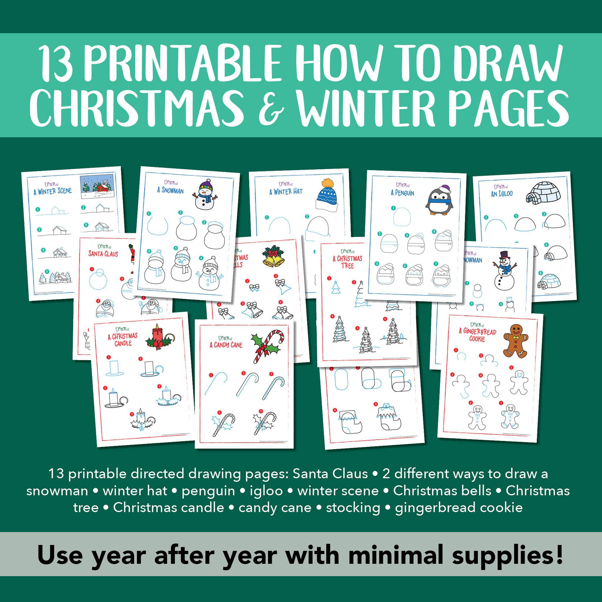Printable Christmas & Winter Directed Drawing Bundle – Projects with Kids