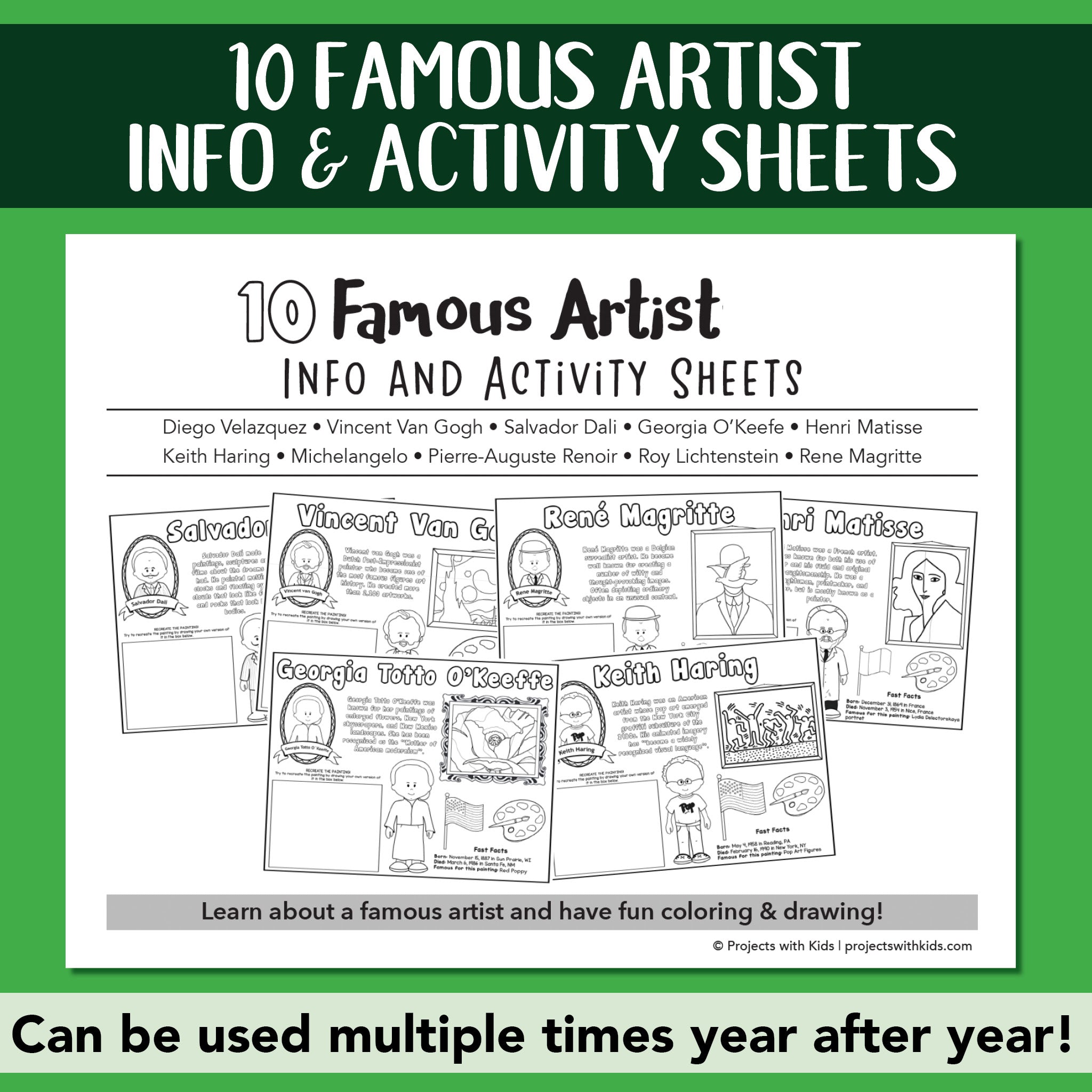 10 Famous Artist Info & Activity Sheets – Projects with Kids