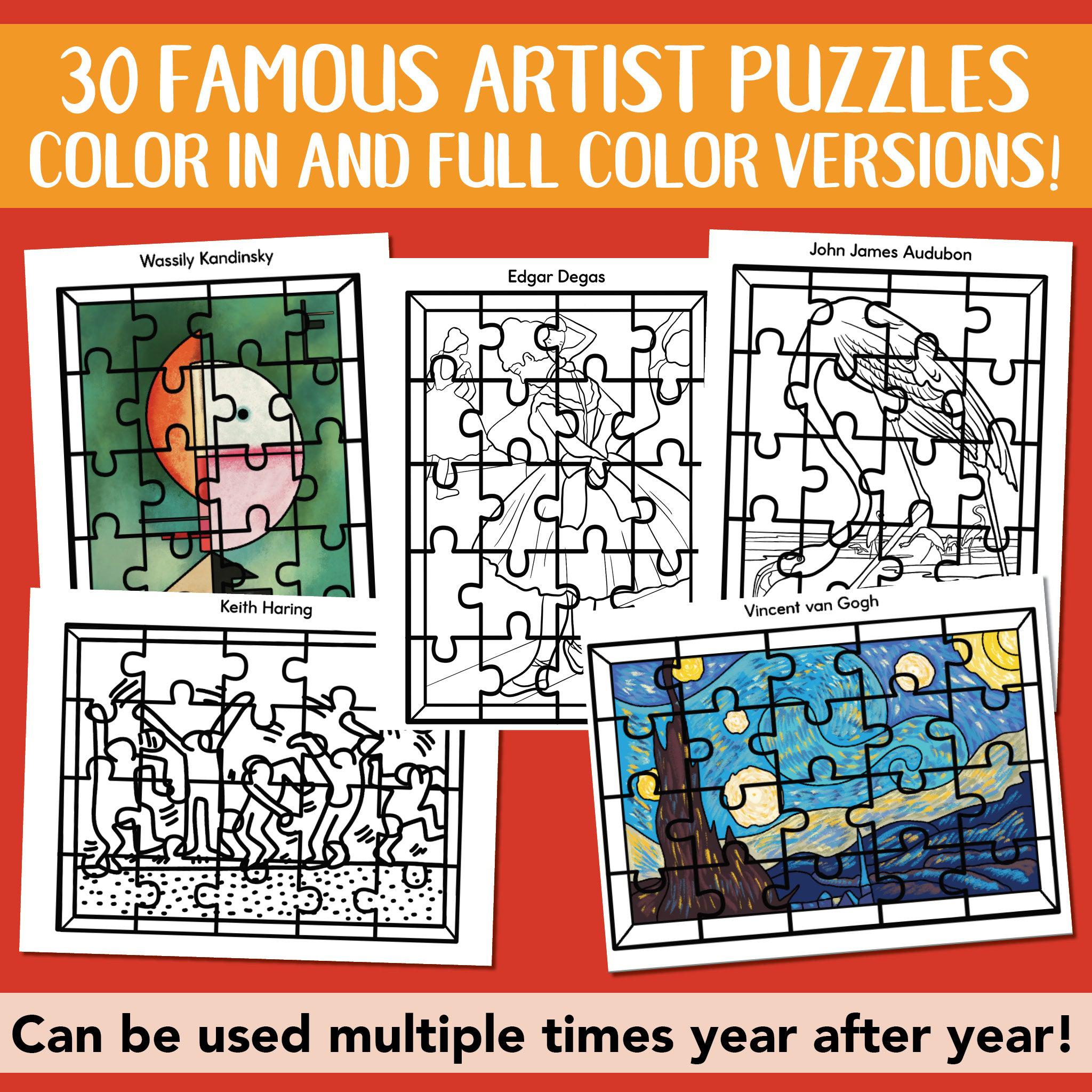 30 Printable Famous Artist Puzzle Sheets in Full-Color and Color-in Ve ...