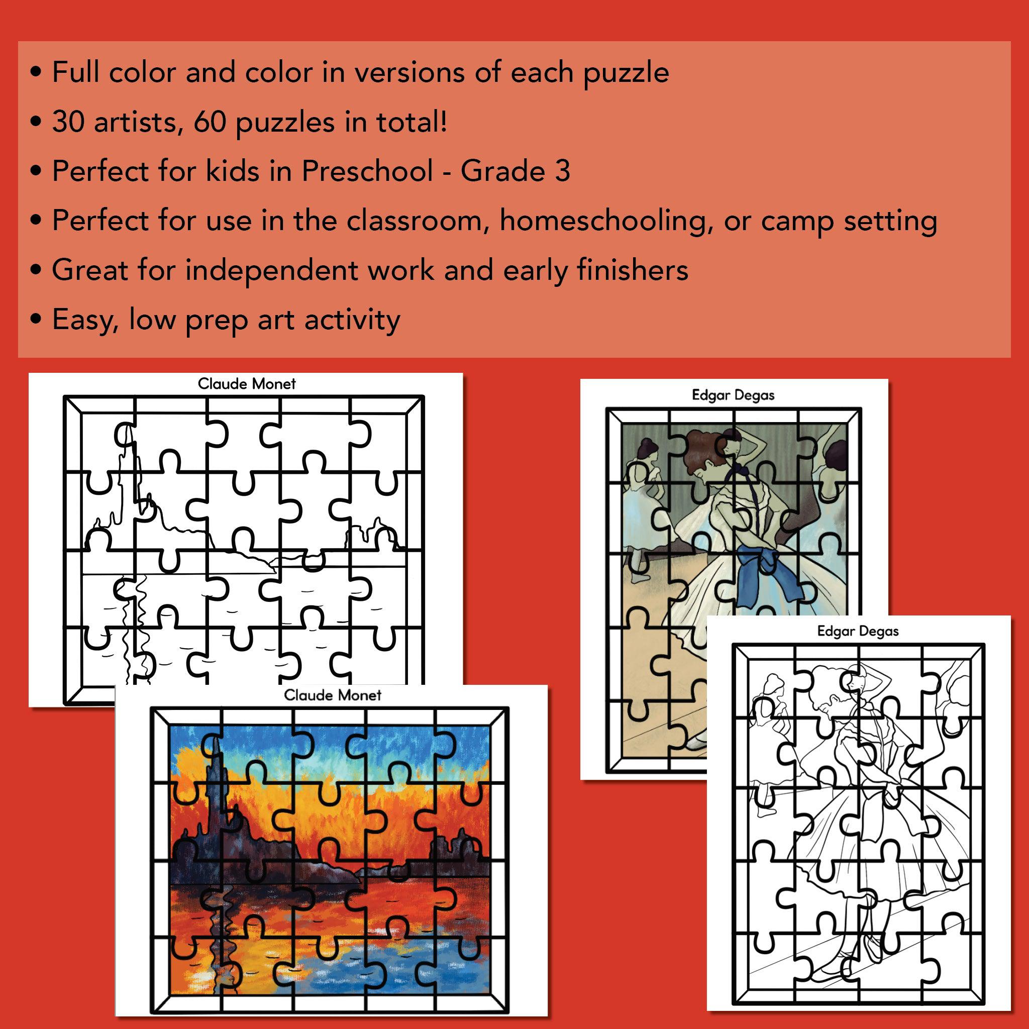 30 Printable Famous Artist Puzzle Sheets in Full-Color and Color-in Ve ...