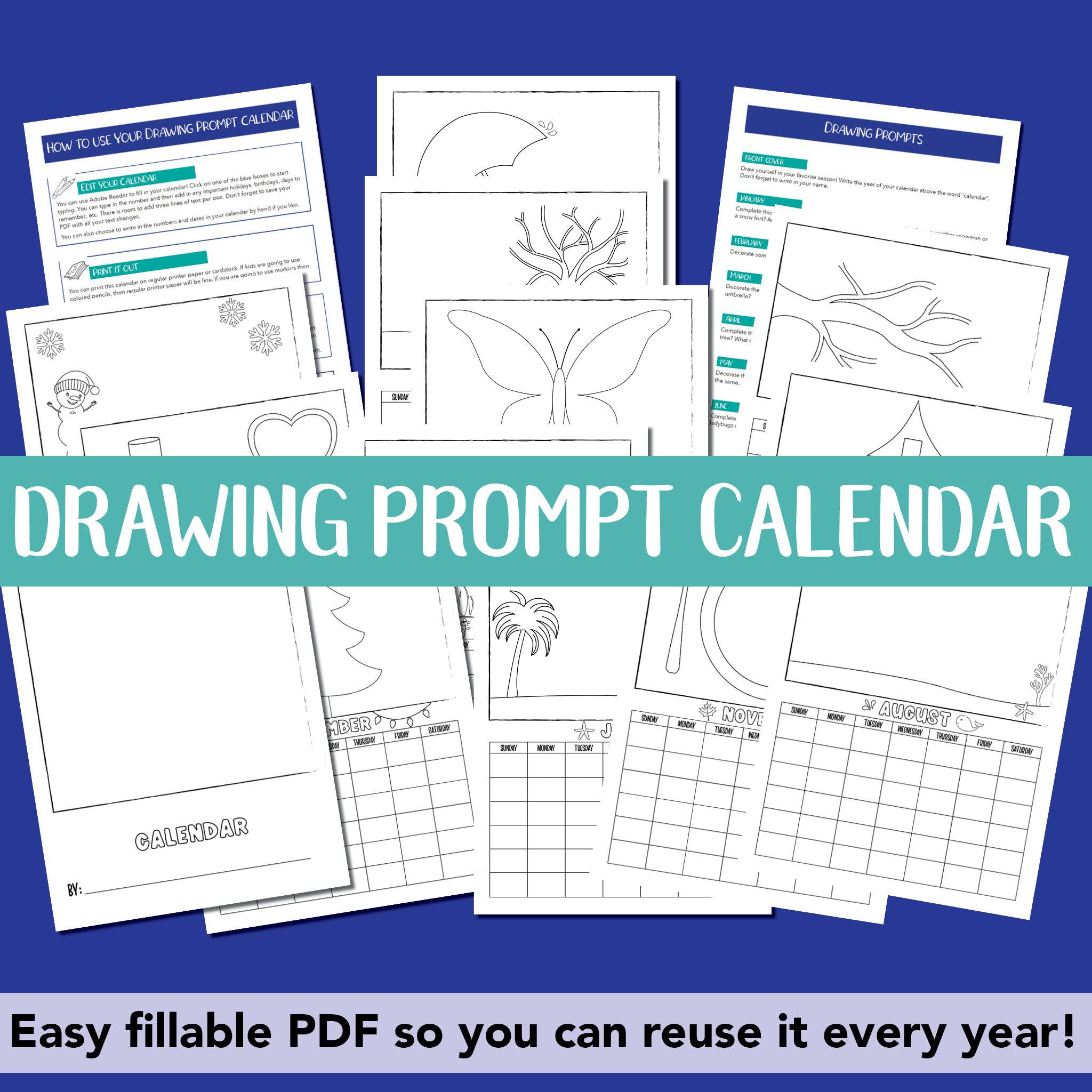 Printable Drawing Prompt Calendar with Fillable PDF for Kids – Projects ...