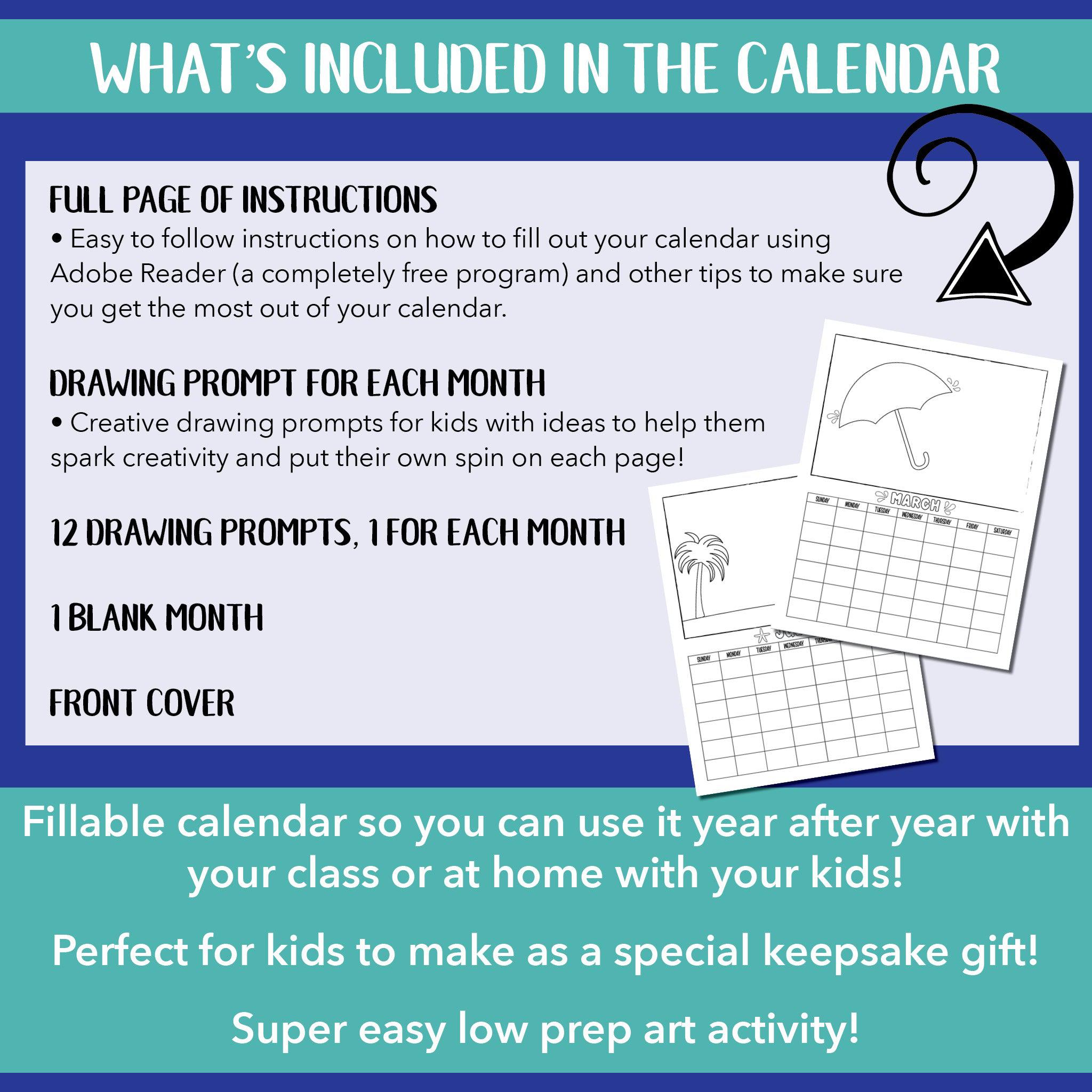 Printable Drawing Prompt Calendar with Fillable PDF for Kids – Projects ...